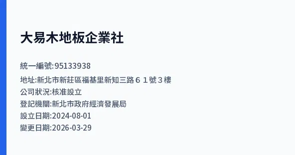 大易木地板企業社的照片-統編 95133938(新北市) 公司登記資料與營業項目詳細圖表