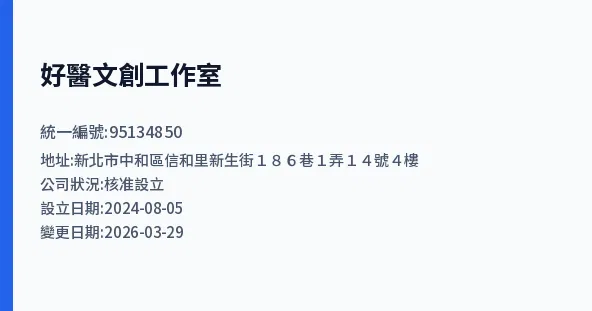 好醫文創工作室的照片-統編 95134850(新北市) 公司登記資料與營業項目詳細圖表