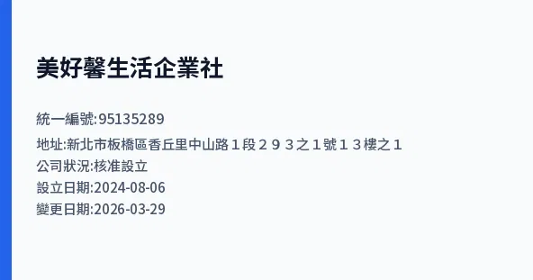 美好馨生活企業社的照片-統編 95135289(新北市) 公司登記資料與營業項目詳細圖表