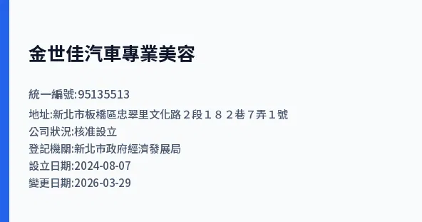 金世佳汽車專業美容的照片-統編 95135513(新北市) 公司登記資料與營業項目詳細圖表