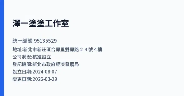 澤一塗塗工作室的照片-統編 95135529(新北市) 公司登記資料與營業項目詳細圖表