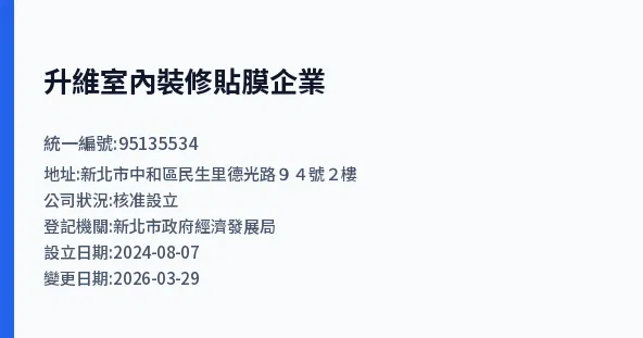 升維室內裝修貼膜企業的照片-統編 95135534(新北市) 公司登記資料與營業項目詳細圖表