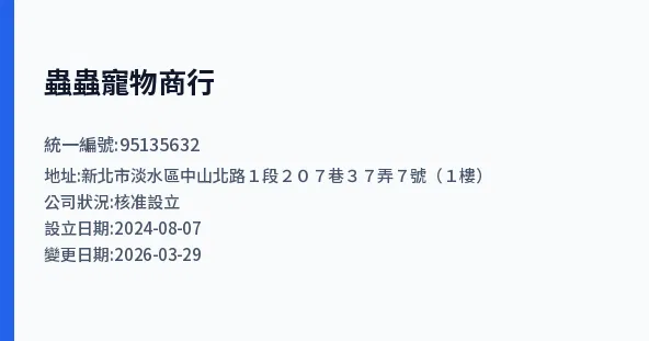 蟲蟲寵物商行的照片-統編 95135632(新北市) 公司登記資料與營業項目詳細圖表