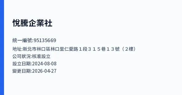 悅騰企業社的照片-統編 95135669(新北市) 公司登記資料與營業項目詳細圖表