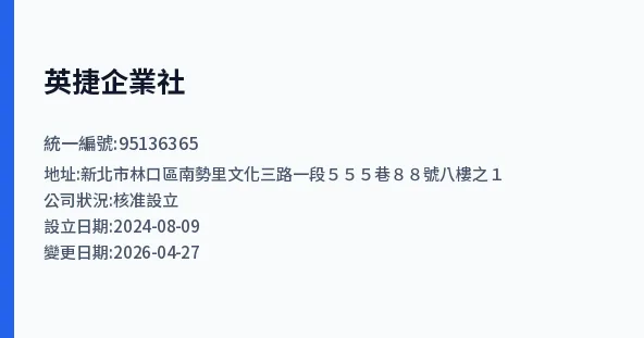 英捷企業社的照片-統編 95136365(新北市) 公司登記資料與營業項目詳細圖表