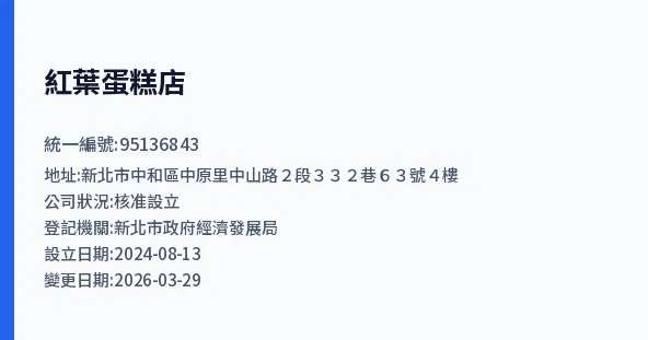 紅葉蛋糕店的照片-統編 95136843(新北市) 公司登記資料與營業項目詳細圖表