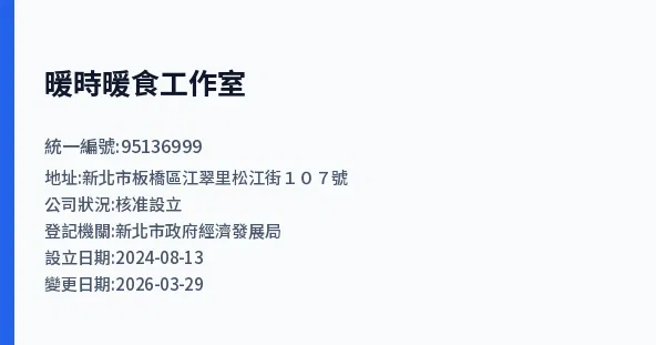 暖時暖食工作室的照片-統編 95136999(新北市) 公司登記資料與營業項目詳細圖表