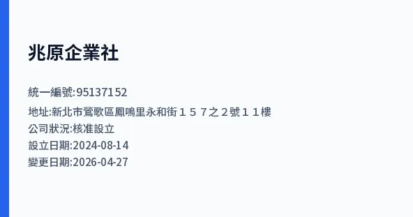兆原企業社的照片-統編 95137152(新北市) 公司登記資料與營業項目詳細圖表