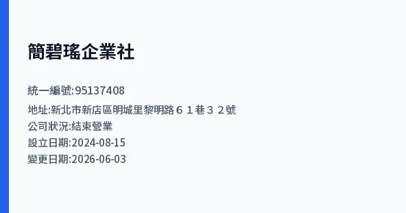簡碧瑤企業社的照片-統編 95137408(新北市) 公司登記資料與營業項目詳細圖表