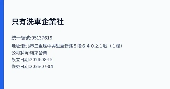 只有洗車企業社的照片-統編 95137619(新北市) 公司登記資料與營業項目詳細圖表
