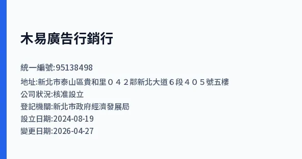 木易廣告行銷行的照片-統編 95138498(新北市) 公司登記資料與營業項目詳細圖表