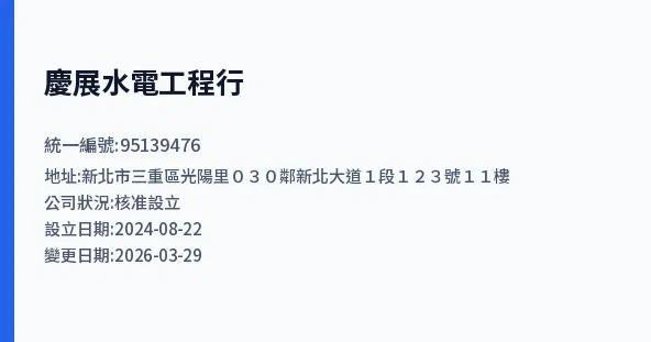 慶展水電工程行的照片-統編 95139476(新北市) 公司登記資料與營業項目詳細圖表