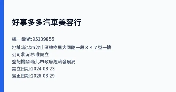 好事多多汽車美容行的照片-統編 95139855(新北市) 公司登記資料與營業項目詳細圖表