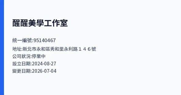醒醒美學工作室的照片-統編 95140467(新北市) 公司登記資料與營業項目詳細圖表