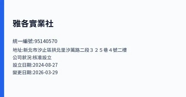 雅各實業社的照片-統編 95140570(新北市) 公司登記資料與營業項目詳細圖表