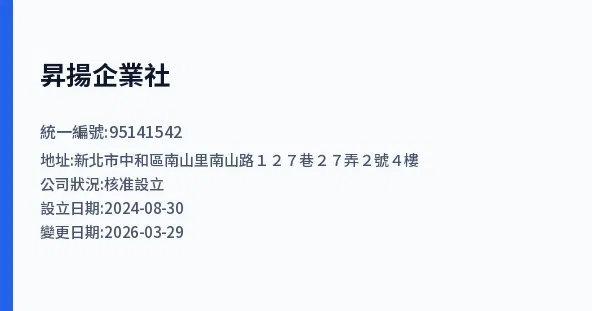 昇揚企業社的照片-統編 95141542(新北市) 公司登記資料與營業項目詳細圖表