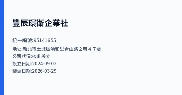 豐辰環衛企業社的照片-統編 95141655(新北市) 公司登記資料與營業項目詳細圖表