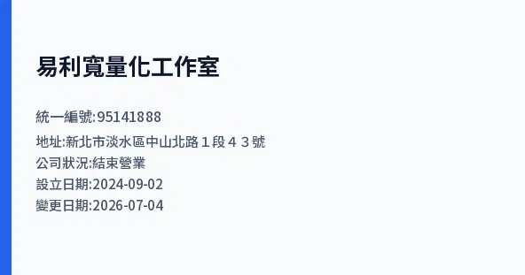 易利寬量化工作室的照片-統編 95141888(新北市) 公司登記資料與營業項目詳細圖表