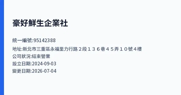 豪好鮮生企業社的照片-統編 95142388(新北市) 公司登記資料與營業項目詳細圖表