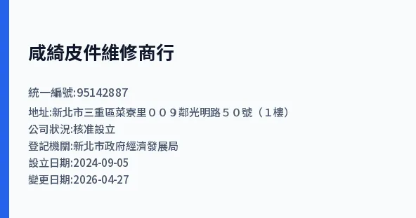 咸綺皮件維修商行的照片-統編 95142887(新北市) 公司登記資料與營業項目詳細圖表