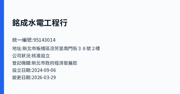 銘成水電工程行的照片-統編 95143014(新北市) 公司登記資料與營業項目詳細圖表