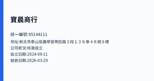 寶晨商行的照片-統編 95144111(新北市) 公司登記資料與營業項目詳細圖表