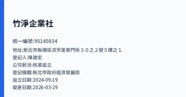 竹淨企業社的照片-統編 95145934(新北市) 公司登記資料與營業項目詳細圖表