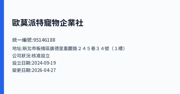 歐莫派特寵物企業社的照片-統編 95146188(新北市) 公司登記資料與營業項目詳細圖表