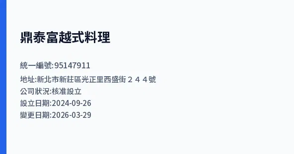 鼎泰富越式料理的照片-統編 95147911(新北市) 公司登記資料與營業項目詳細圖表