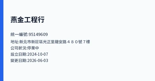 燕金工程行的照片-統編 95149609(新北市) 公司登記資料與營業項目詳細圖表