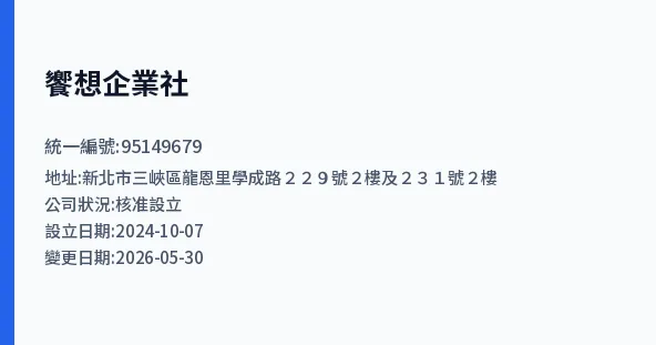 饗想企業社的照片-統編 95149679(新北市) 公司登記資料與營業項目詳細圖表