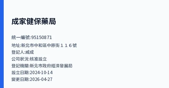 成家健保藥局的照片-統編 95150871(新北市) 公司登記資料與營業項目詳細圖表