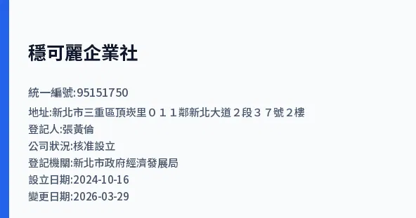 穩可麗企業社的照片-統編 95151750(新北市) 公司登記資料與營業項目詳細圖表