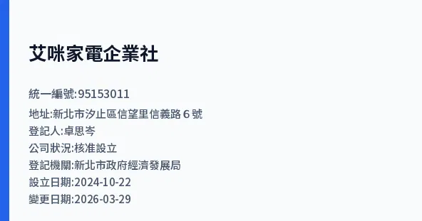 艾咪家電企業社的照片-統編 95153011(新北市) 公司登記資料與營業項目詳細圖表