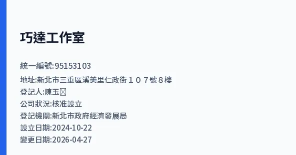 巧達工作室的照片-統編 95153103(新北市) 公司登記資料與營業項目詳細圖表