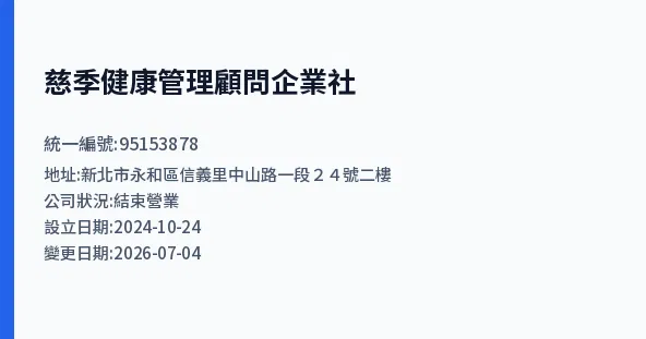慈季健康管理顧問企業社的照片-統編 95153878(新北市) 公司登記資料與營業項目詳細圖表