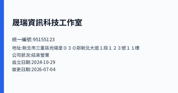 晟瑞資訊科技工作室的照片-統編 95155123(新北市) 公司登記資料與營業項目詳細圖表