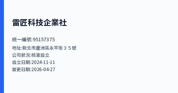 雷匠科技企業社的照片-統編 95157375(新北市) 公司登記資料與營業項目詳細圖表