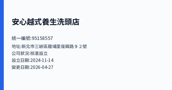 安心越式養生洗頭店的照片-統編 95158557(新北市) 公司登記資料與營業項目詳細圖表