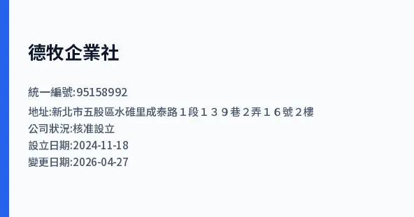 德牧企業社的照片-統編 95158992(新北市) 公司登記資料與營業項目詳細圖表