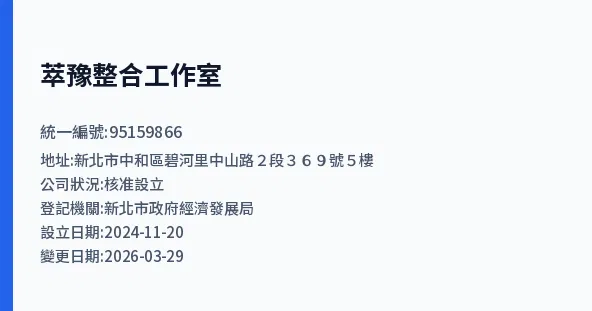 萃豫整合工作室的照片-統編 95159866(新北市) 公司登記資料與營業項目詳細圖表