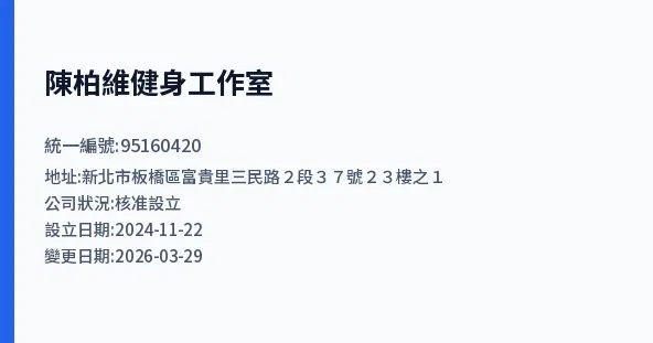 陳柏維健身工作室的照片-統編 95160420(新北市) 公司登記資料與營業項目詳細圖表