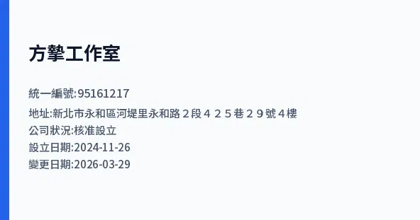 方摯工作室的照片-統編 95161217(新北市) 公司登記資料與營業項目詳細圖表