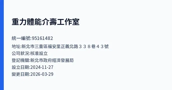 重力體能介壽工作室的照片-統編 95161482(新北市) 公司登記資料與營業項目詳細圖表