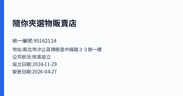 隨你夾選物販賣店的照片-統編 95162124(新北市) 公司登記資料與營業項目詳細圖表