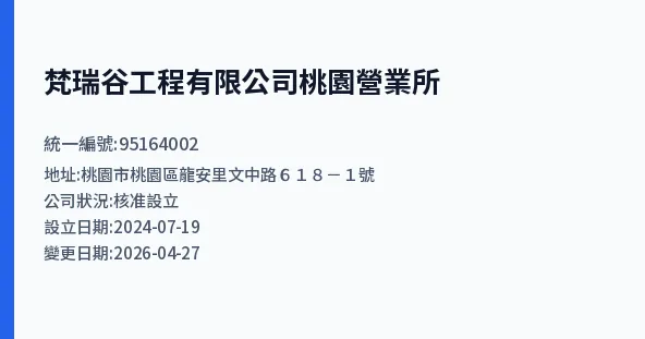 梵瑞谷工程有限公司桃園營業所的照片-統編 95164002(桃園市) 公司登記資料與營業項目詳細圖表