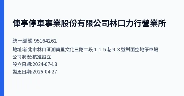 俥亭停車事業股份有限公司林口力行營業所的照片-統編 95164262(新北市) 公司登記資料與營業項目詳細圖表