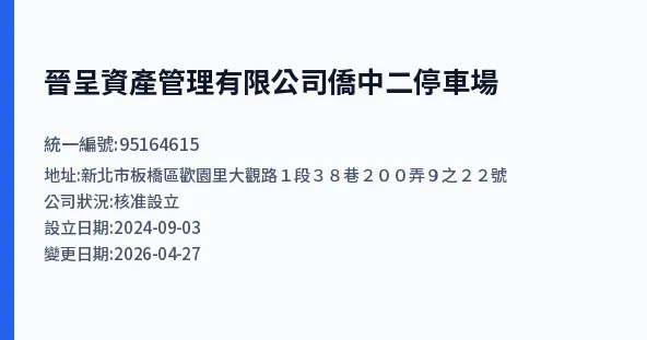 晉呈資產管理有限公司僑中二停車場的照片-統編 95164615(新北市) 公司登記資料與營業項目詳細圖表