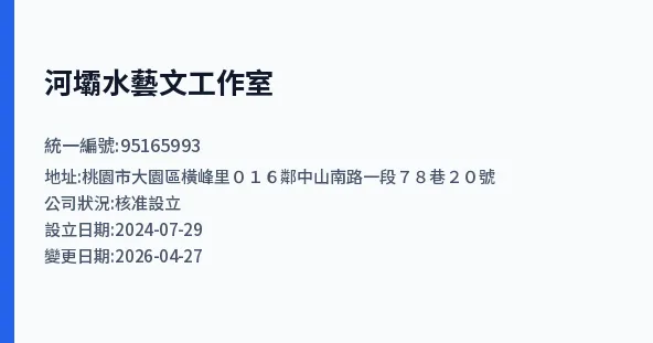 河壩水藝文工作室的照片-統編 95165993(桃園市) 公司登記資料與營業項目詳細圖表