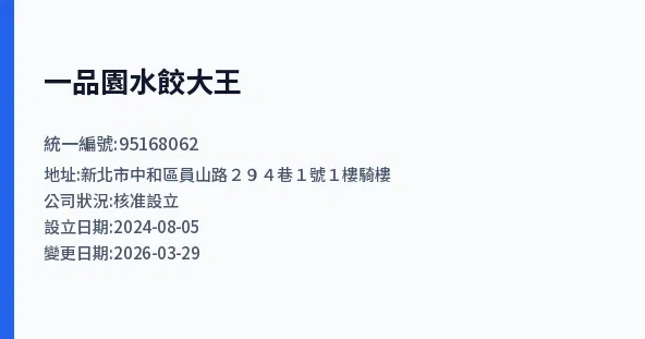 一品園水餃大王的照片-統編 95168062(新北市) 公司登記資料與營業項目詳細圖表